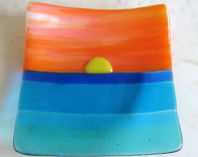 Fused Glass Sunset Plate Ocean Beach Dish Turquoise Blue Sea | Etsy