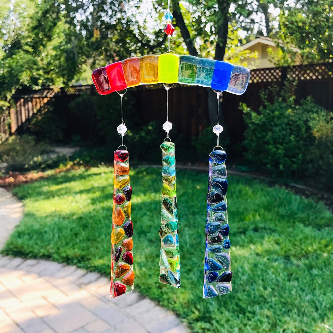Fused Glass Wind Chime, Rainbow Mosaic Suncatcher, Garden Art - Etsy