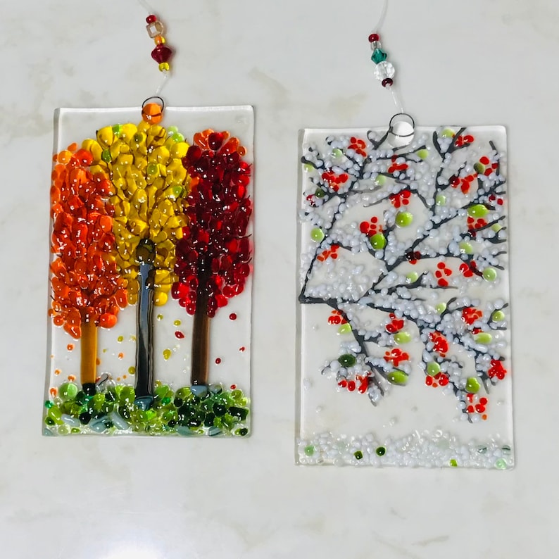 Fused Glass Fall Trees Suncatcher, Autumn Window Decor - Etsy
