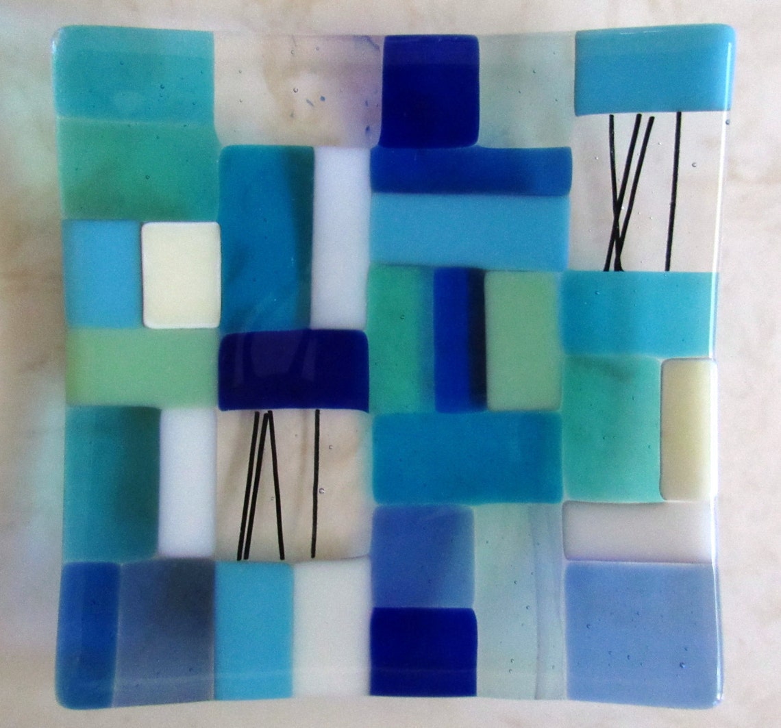 Fused Glass Plate Modern Mosaic in Blue and Turquoise Ocean - Etsy