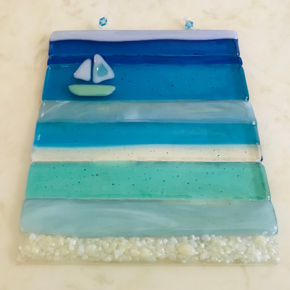 Fused Glass Beach Wall Art Ocean Beach Sailboat Suncatcher | Etsy