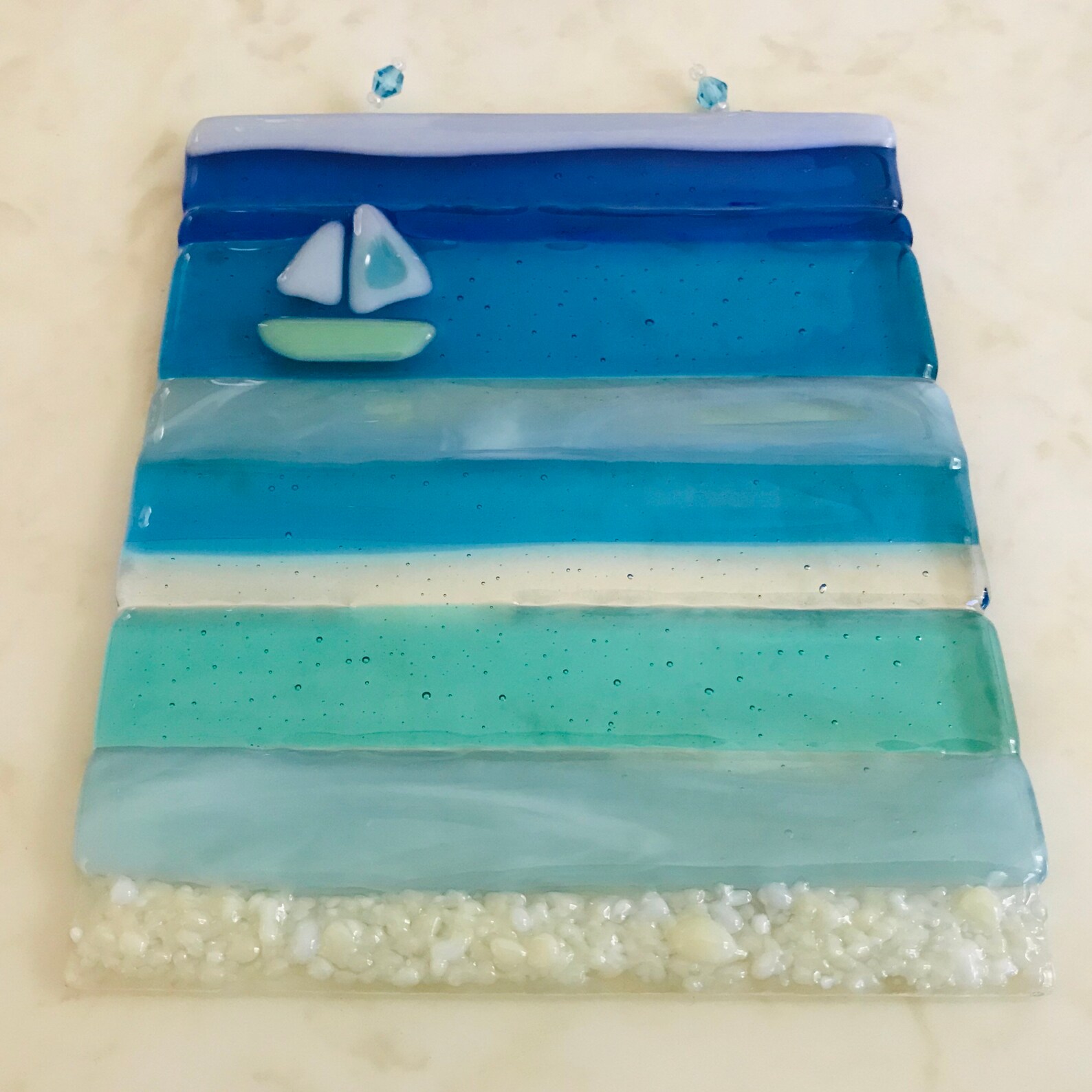 Fused Glass Beach Wall Art Ocean Beach Sailboat Suncatcher | Etsy