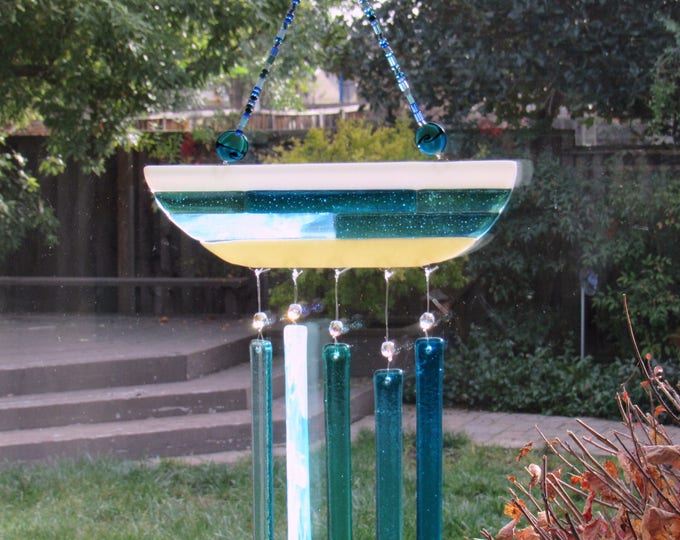 Fused Glass Boat Wind Chime, Ocean Sun Catcher, Turquoise Sea Glass Art ...