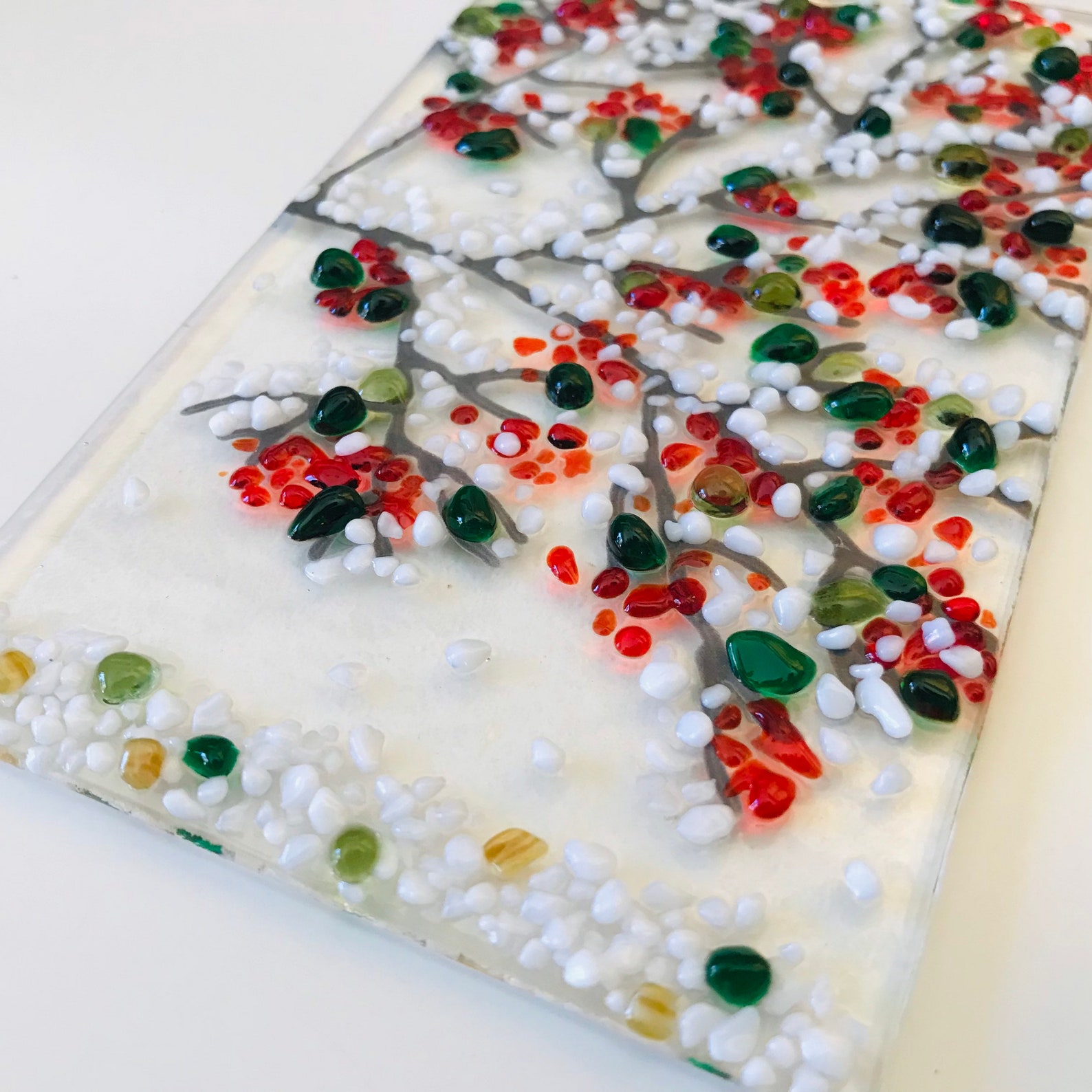 Fused Glass Winter Tree Suncatcher, Red Berry Snow Scene - Etsy