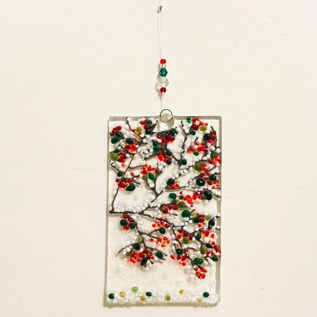 Fused Glass Winter Tree Suncatcher, Red Berries in Snow Wall Decor ...