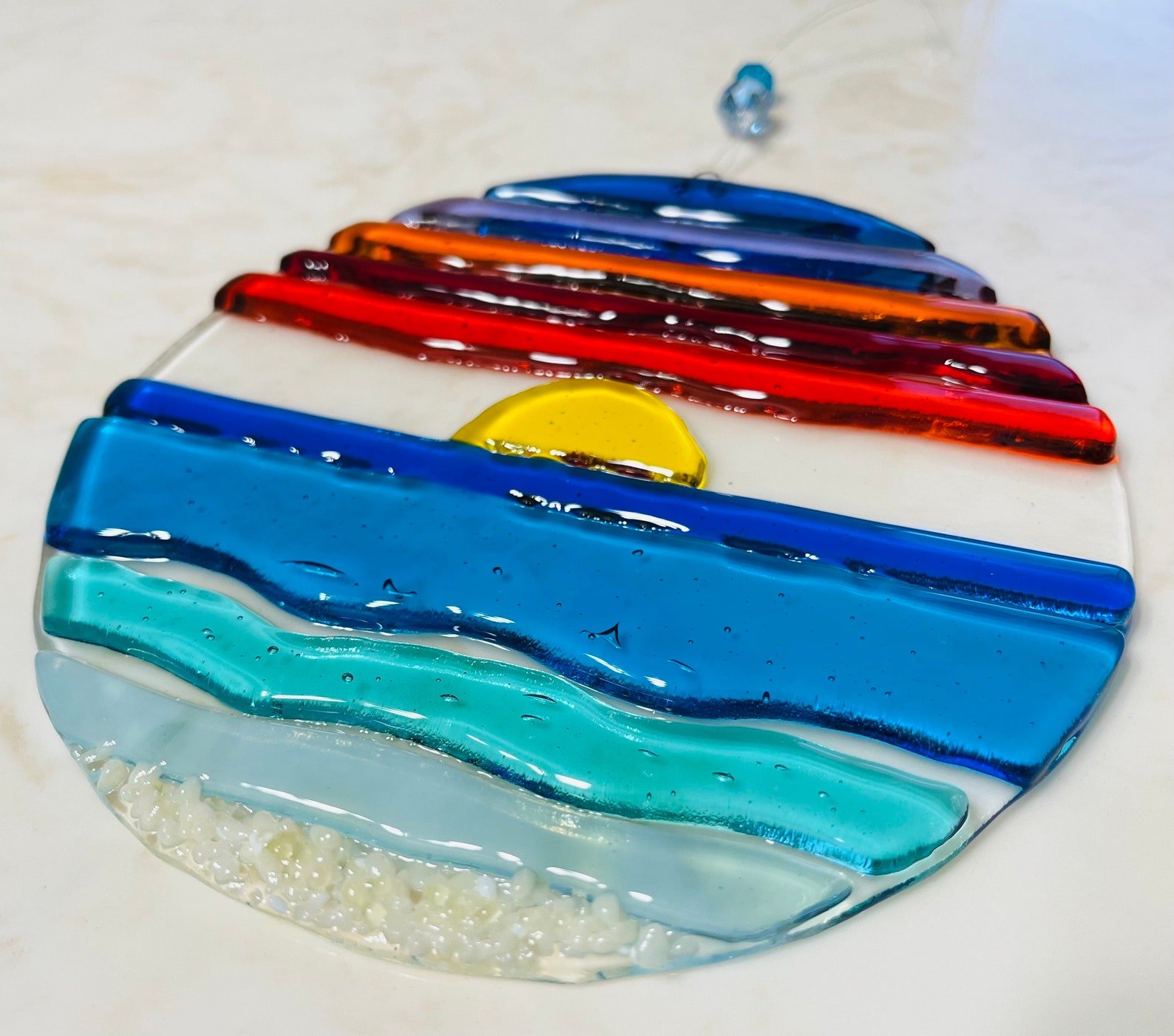 Fused Glass Beach Sunset Suncatcher, Ocean Waves Round Wall Art - Etsy