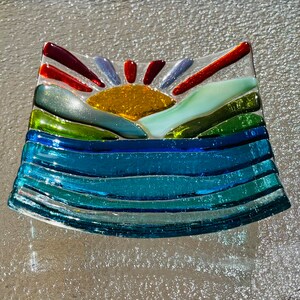 Fused Glass Sunset Plate, Sunset Over Mountain Lake, Sunset Beach Dish ...