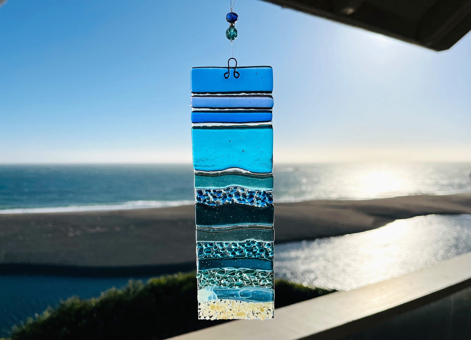 Fused Glass Beach Suncatcher, Ocean Waves Wall Art, Turquoise Sea Glass ...