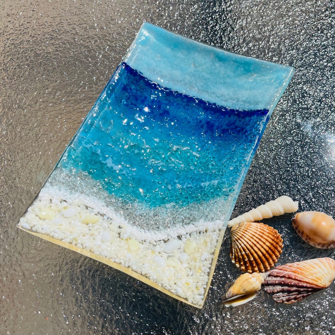 Fused Glass Beach Soap Dish, Turquoise Blue Sea Glass Plate, Ocean ...