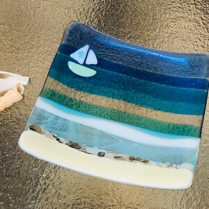 Fused Glass Plate, Ocean Beach Decor, Boat at Sea, Sailboat, by the Sea ...