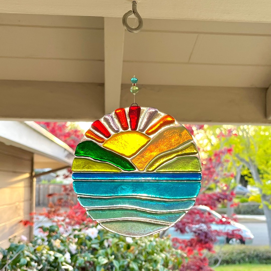 Fused Glass Sunset Suncatcher, Round Sunset Glass Wall Art, Sunset Over ...