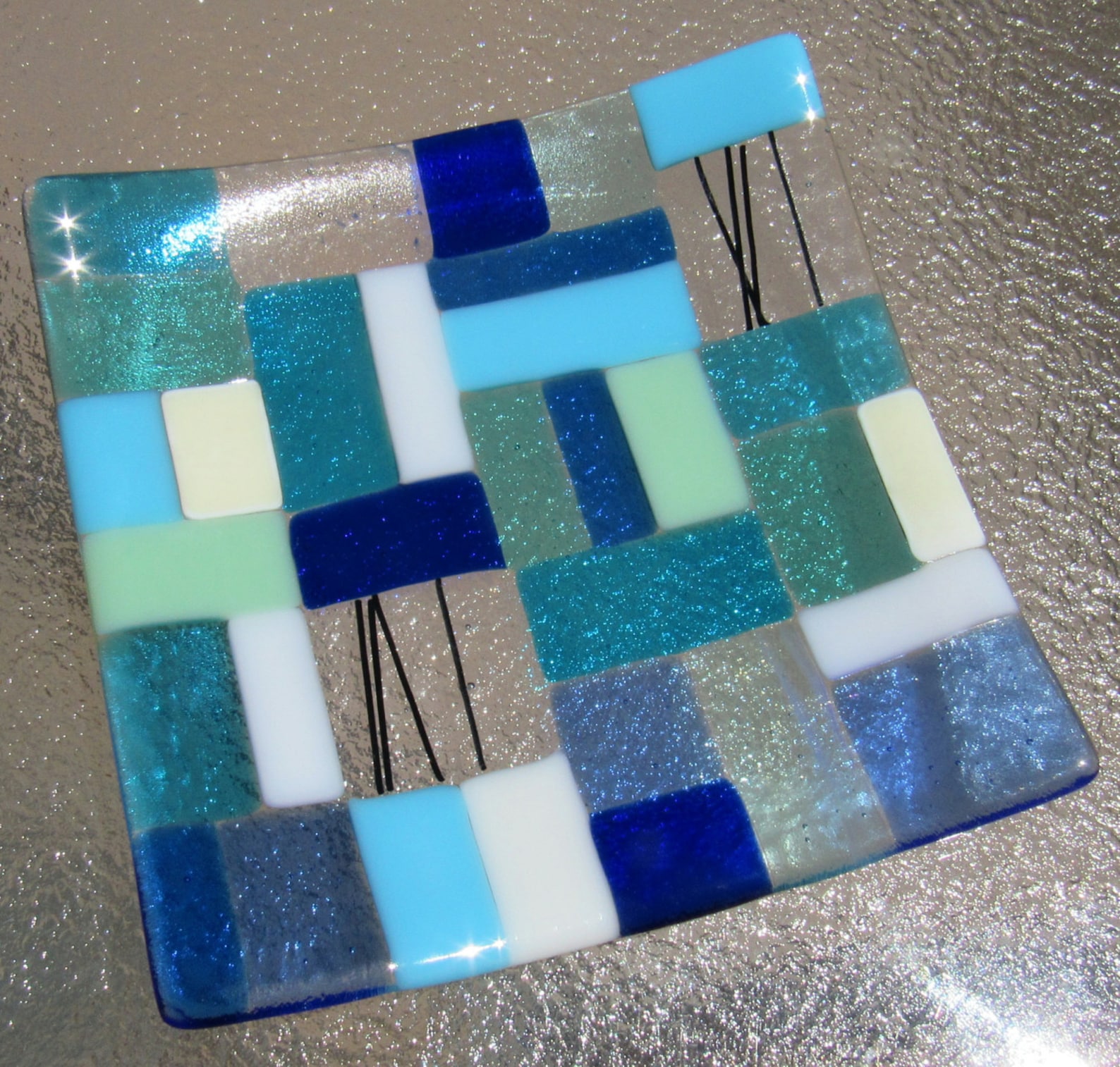 Fused Glass Plate Modern Mosaic in Blue and Turquoise Ocean - Etsy