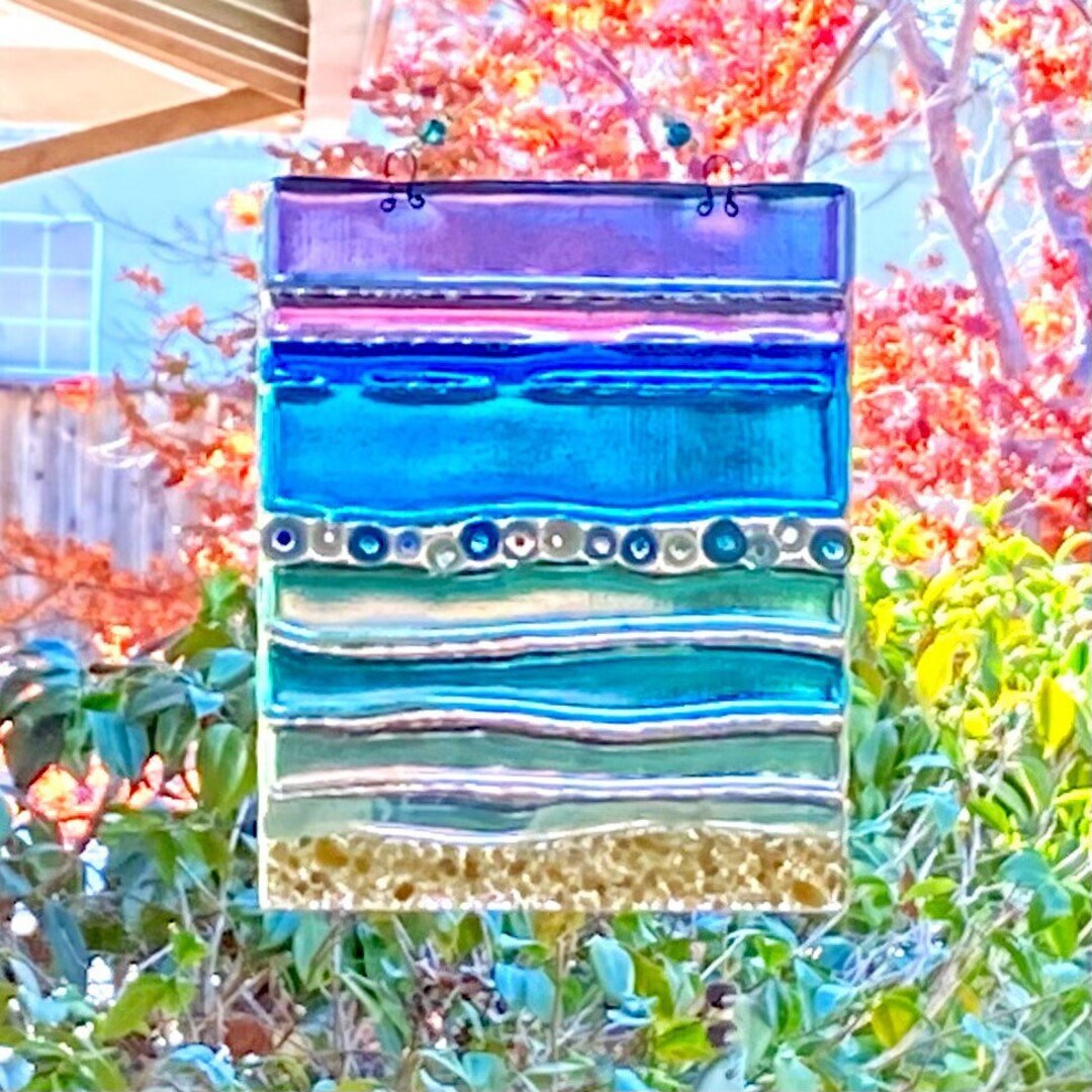 Fused Glass Beach Suncatcher, Sea Glass Wall Art, Blue Ocean Waves ...