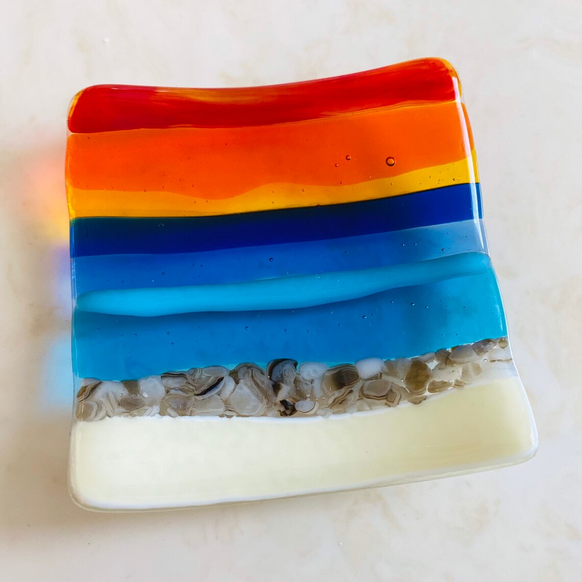 Fused Glass Beach Sunset Plate Turquoise Blue Sea Glass - Etsy