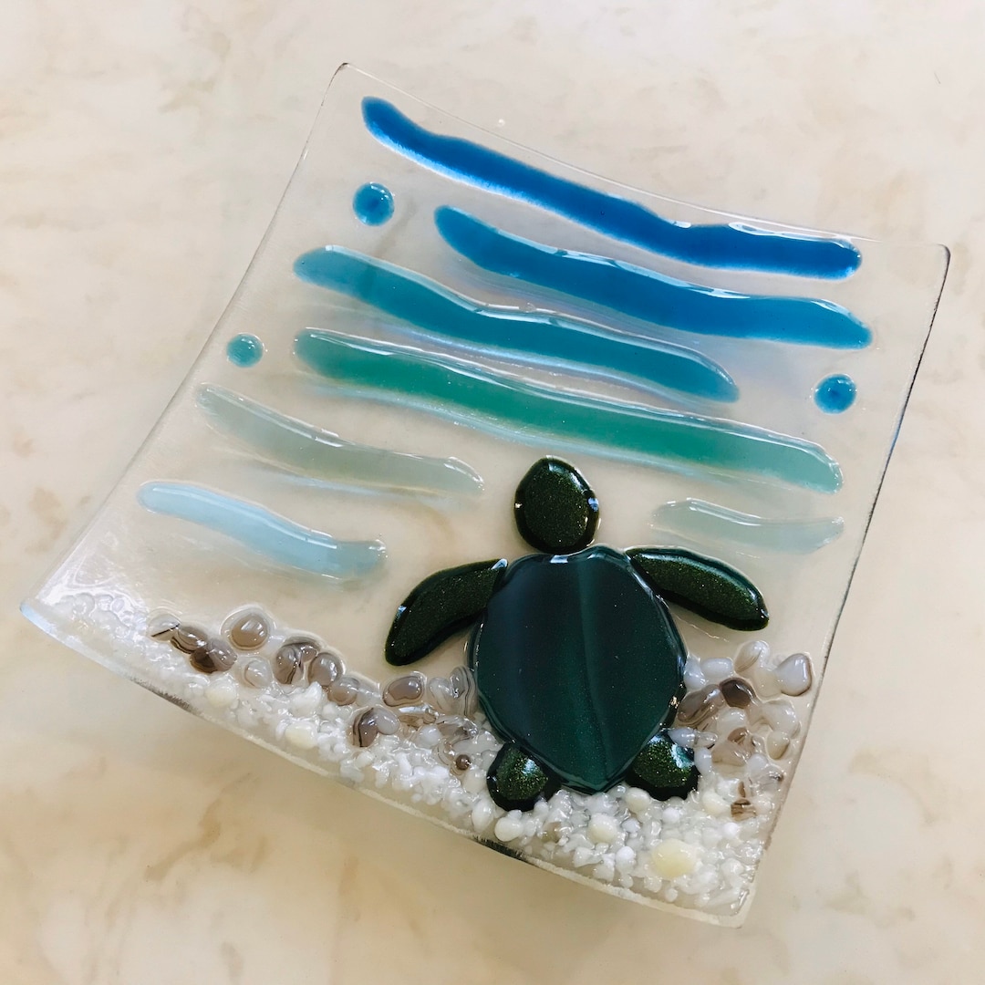 Fused Glass Sea Turtle Plate, Beach Glass Dish, Hawaiian Green Turtle ...