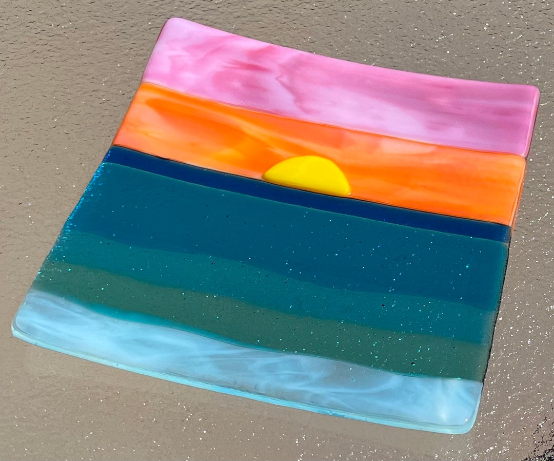 Fused Glass Beach Sunset Plate, Sunset Beach Decor Dish, Ocean Wave ...