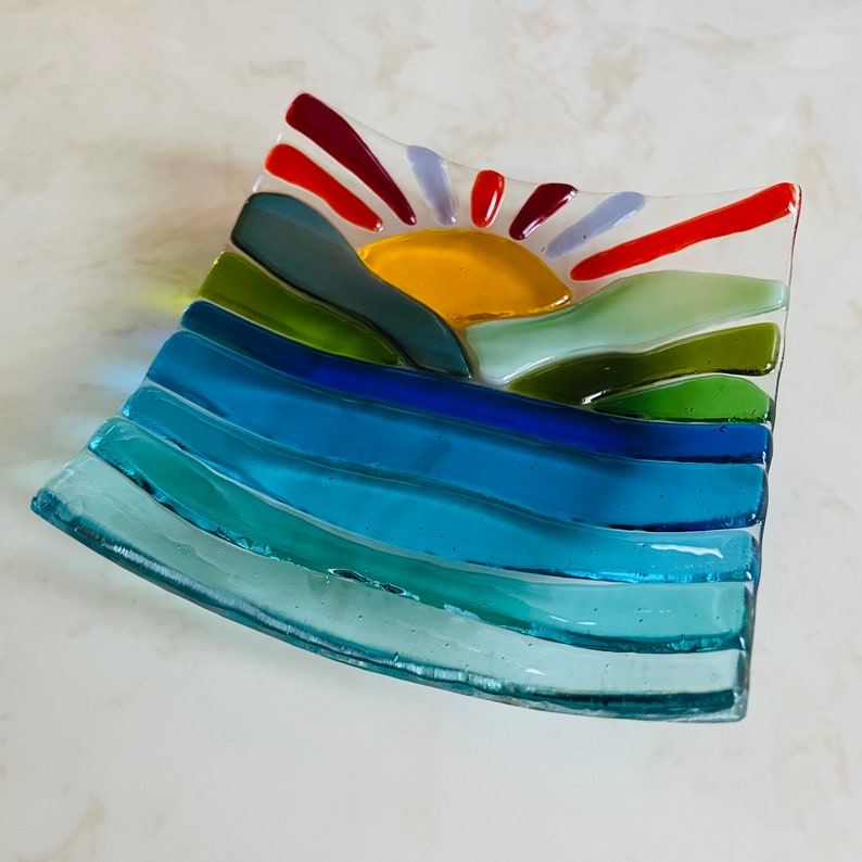 Fused Glass Sunset Plate, Mountain Lake Decor, Handmade Dish - Etsy