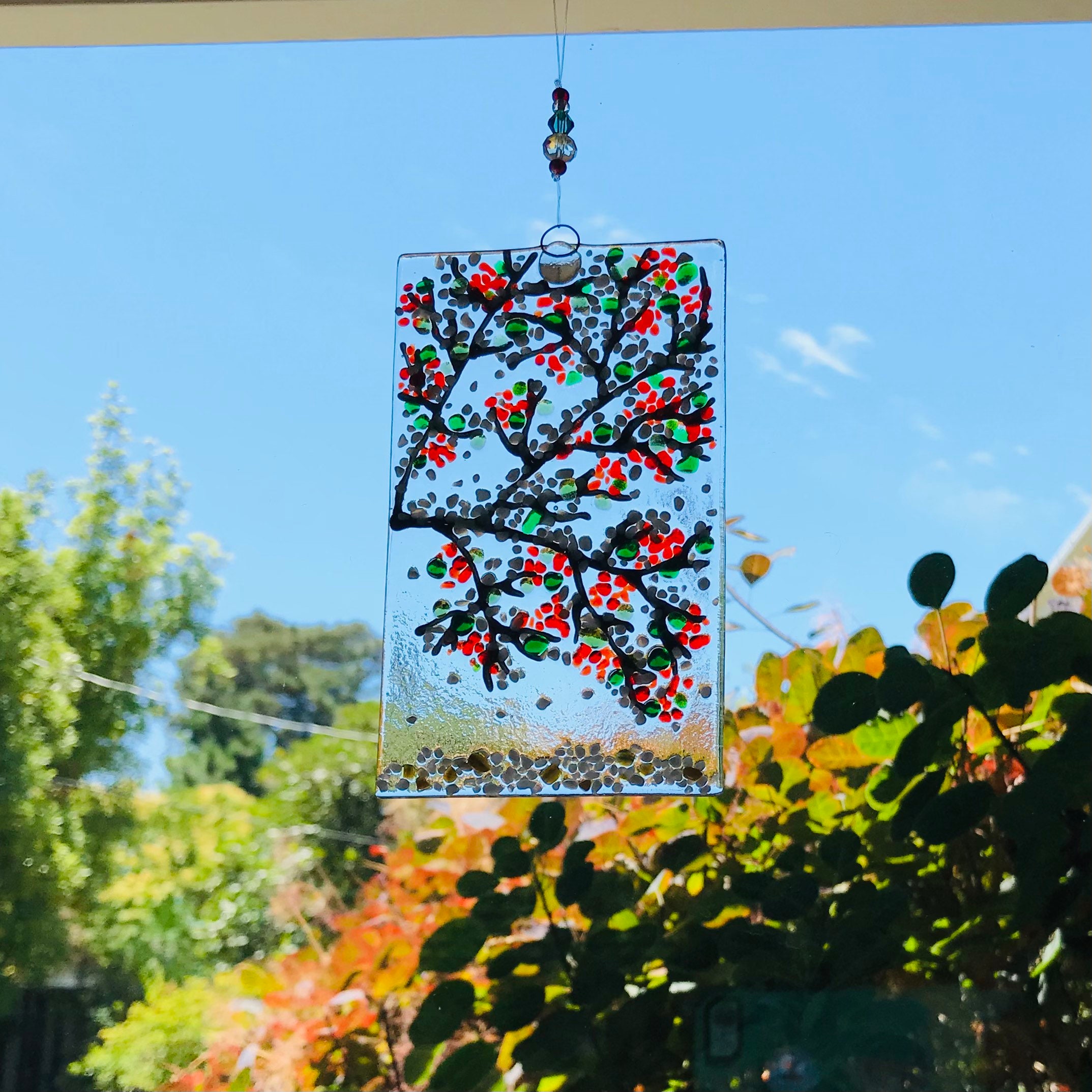 Fused Glass Winter Tree Suncatcher, Red Berry Snow Scene - Etsy