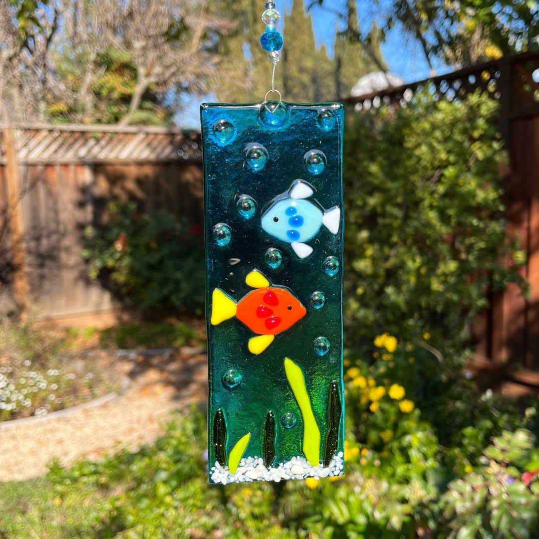 Fused Glass Fish Suncatcher, Turquoise Ocean Waves, Beach House Decor ...