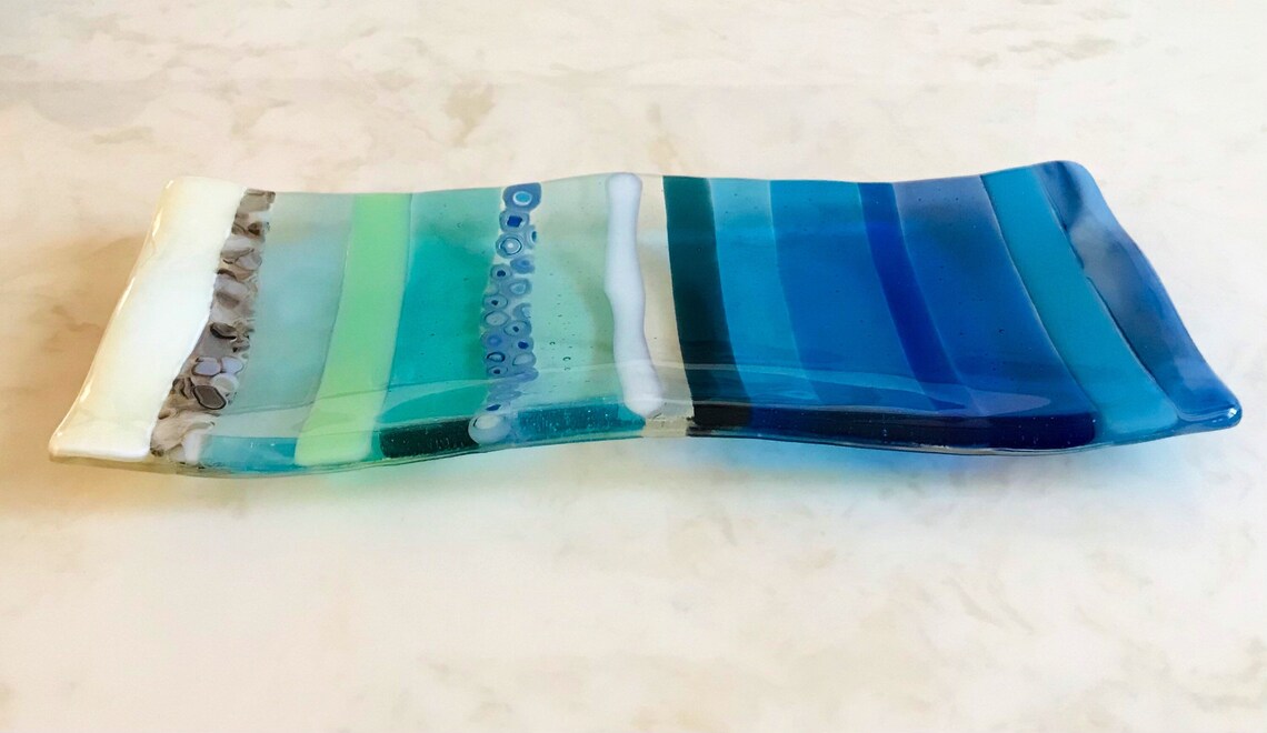 Handmade Fused Glass Beach Plate Set, Ocean Sushi Dishes, Murrine Art ...
