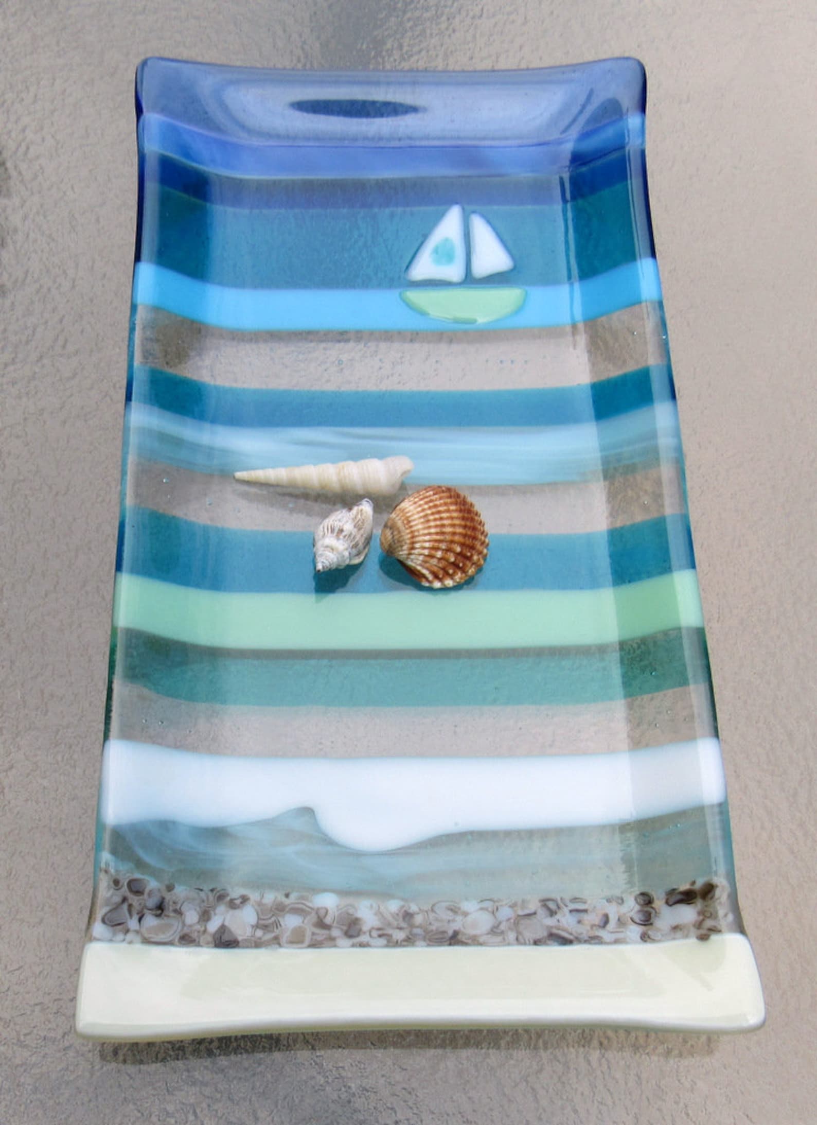 Fused Glass Beach Plate, Turquoise Ocean Wave, Sailing Boat Platter - Etsy