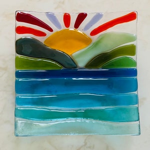 Fused Glass Sunset Plate, Sunset Over Mountain Lake, Sunset Beach Dish ...