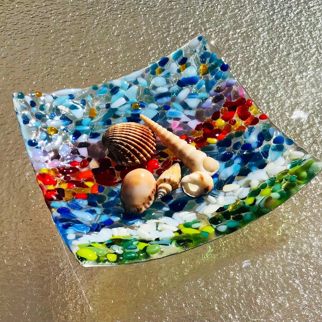 Fused Glass Beach Sunset Plate, Sunset Glass Dish, Ocean Waves Glass ...