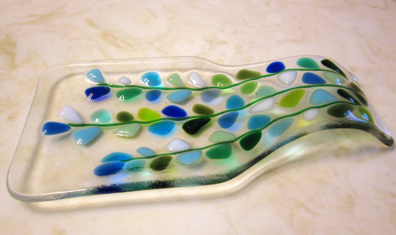 Glass Spoon Rest, Modern Fused Glass, Blooming Branches in Blue ...