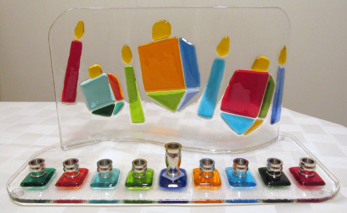Hanukkah Menorah With Colorful Dreidels and Hanukkah Candles - Etsy