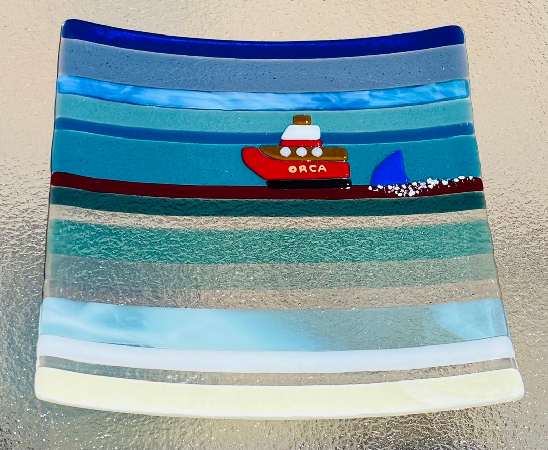 Fused Glass Beach Plate, JAWS Glass Art, Shark Week Platter, Glass ...
