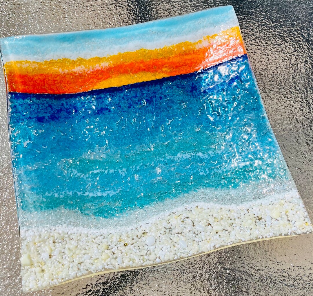 Fused Glass Beach Sunset Plate, Glass Ocean Wave Platter, Turquoise ...