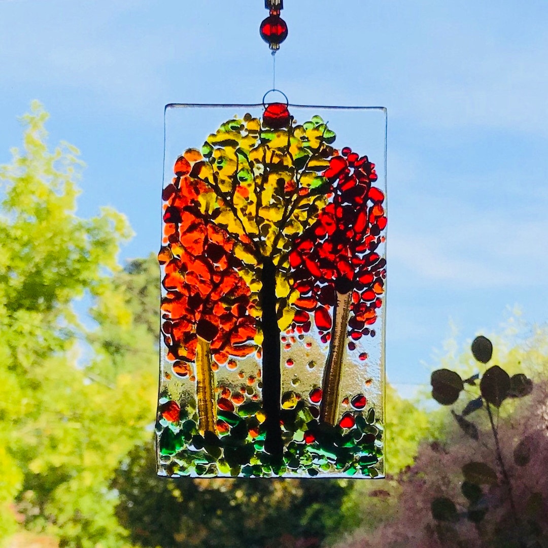 Fused Glass Fall Trees Suncatcher, Autumn Window Decor - Etsy