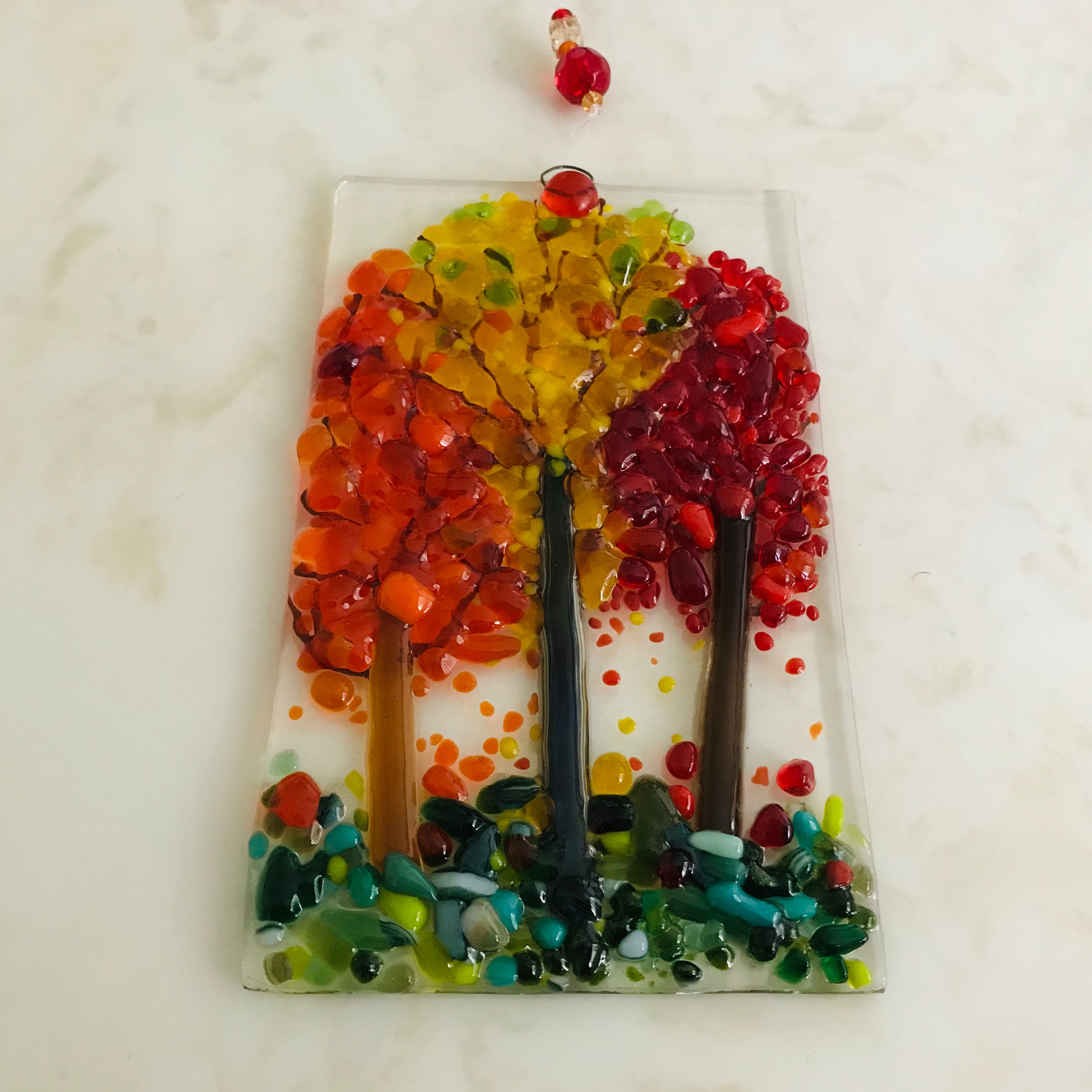 Fused Glass Fall Trees Sun Catcher Autumn Leaves Wall Decor Etsy