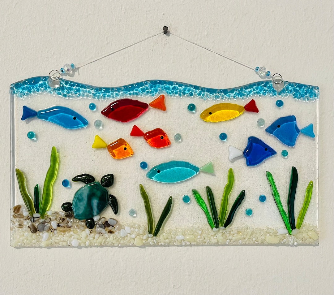 Fused Glass Ocean Wave Art, Sea Turtle Suncather, Glass Fish ...