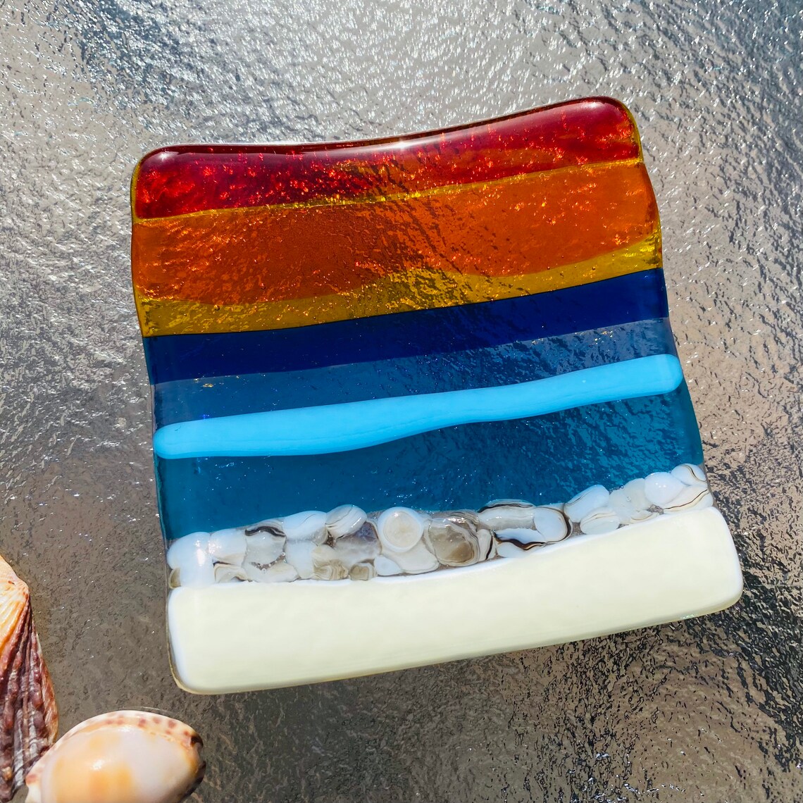 Fused Glass Beach Sunset Plate Turquoise Blue Sea Glass - Etsy