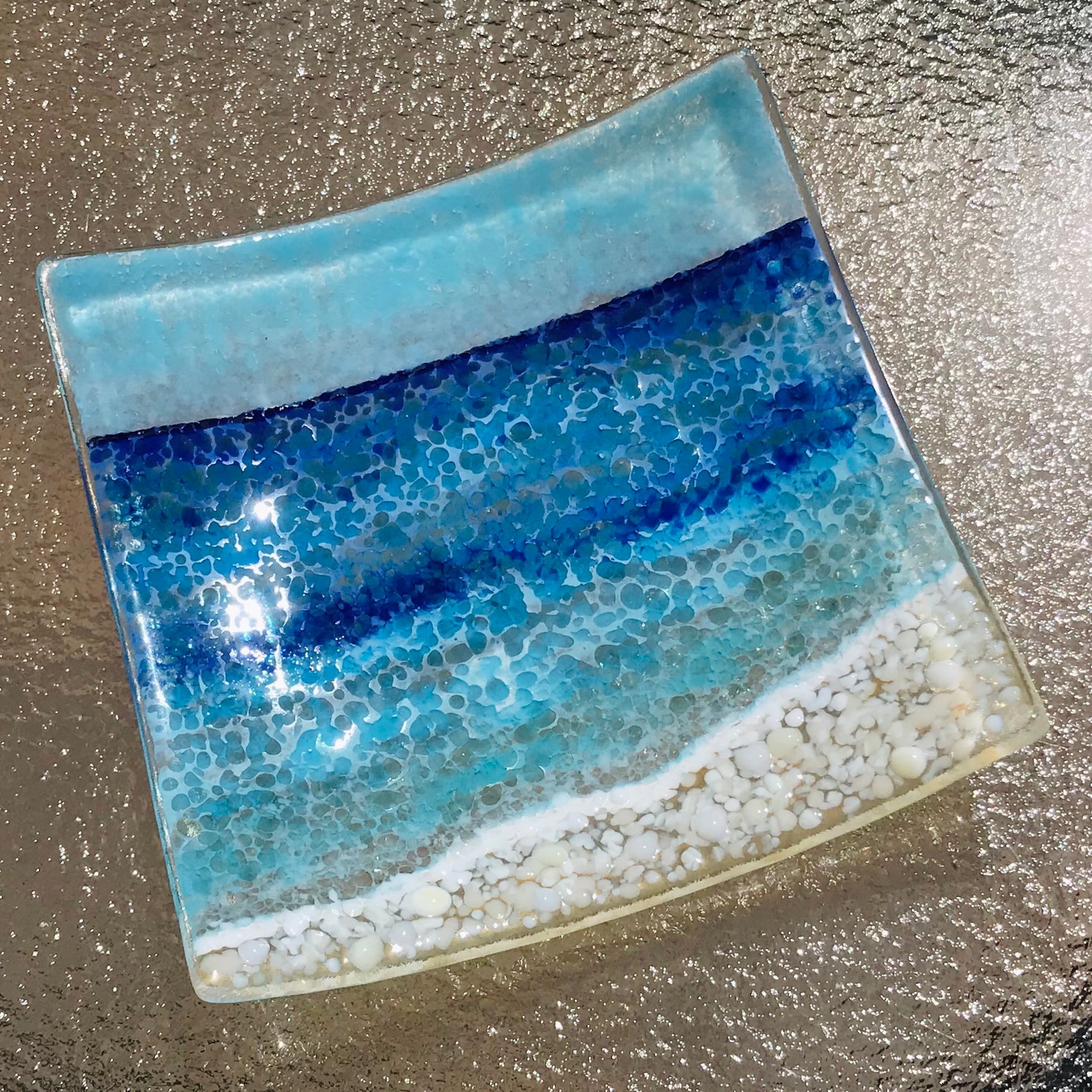 Fused Glass Beach Plate Turquoise Blue Sea Glass Dish Ocean - Etsy