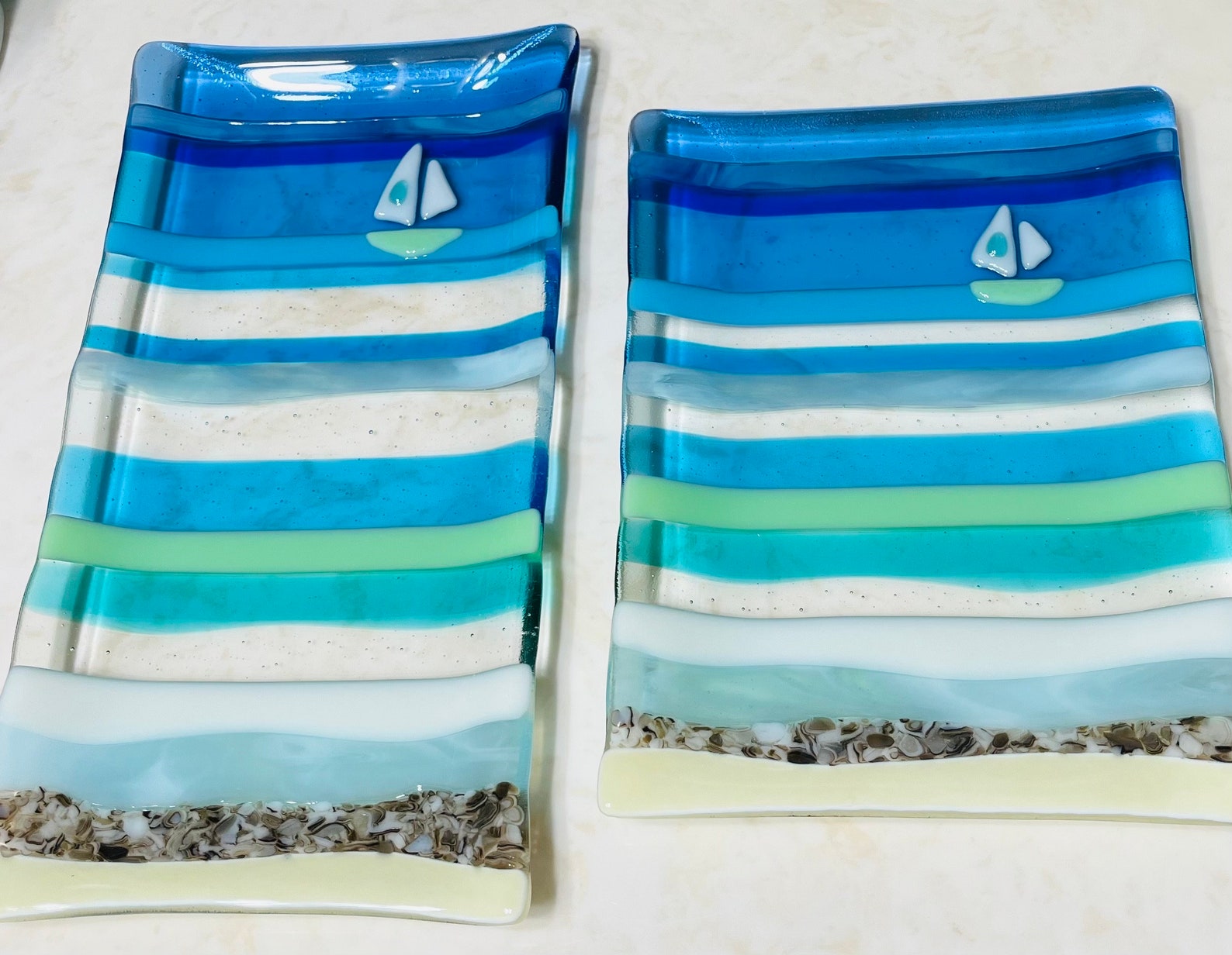 Fused Glass Beach Plate, Turquoise Ocean Wave, Sailing Boat Platter - Etsy