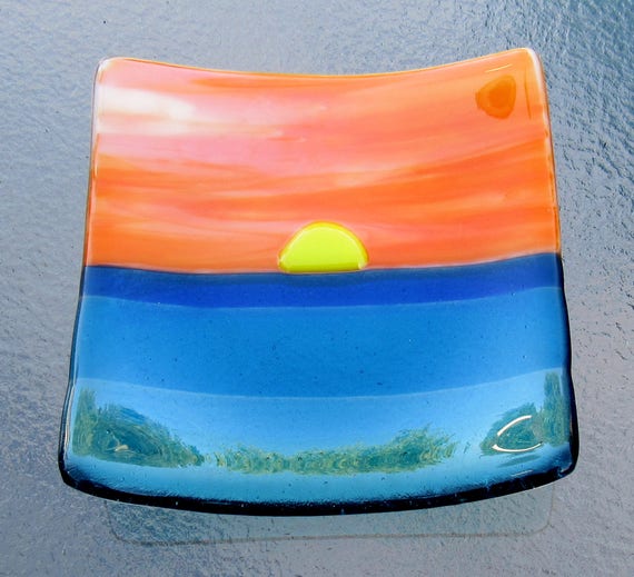 Fused Glass Sunset Plate Ocean Beach Sunset Dish Turquoise