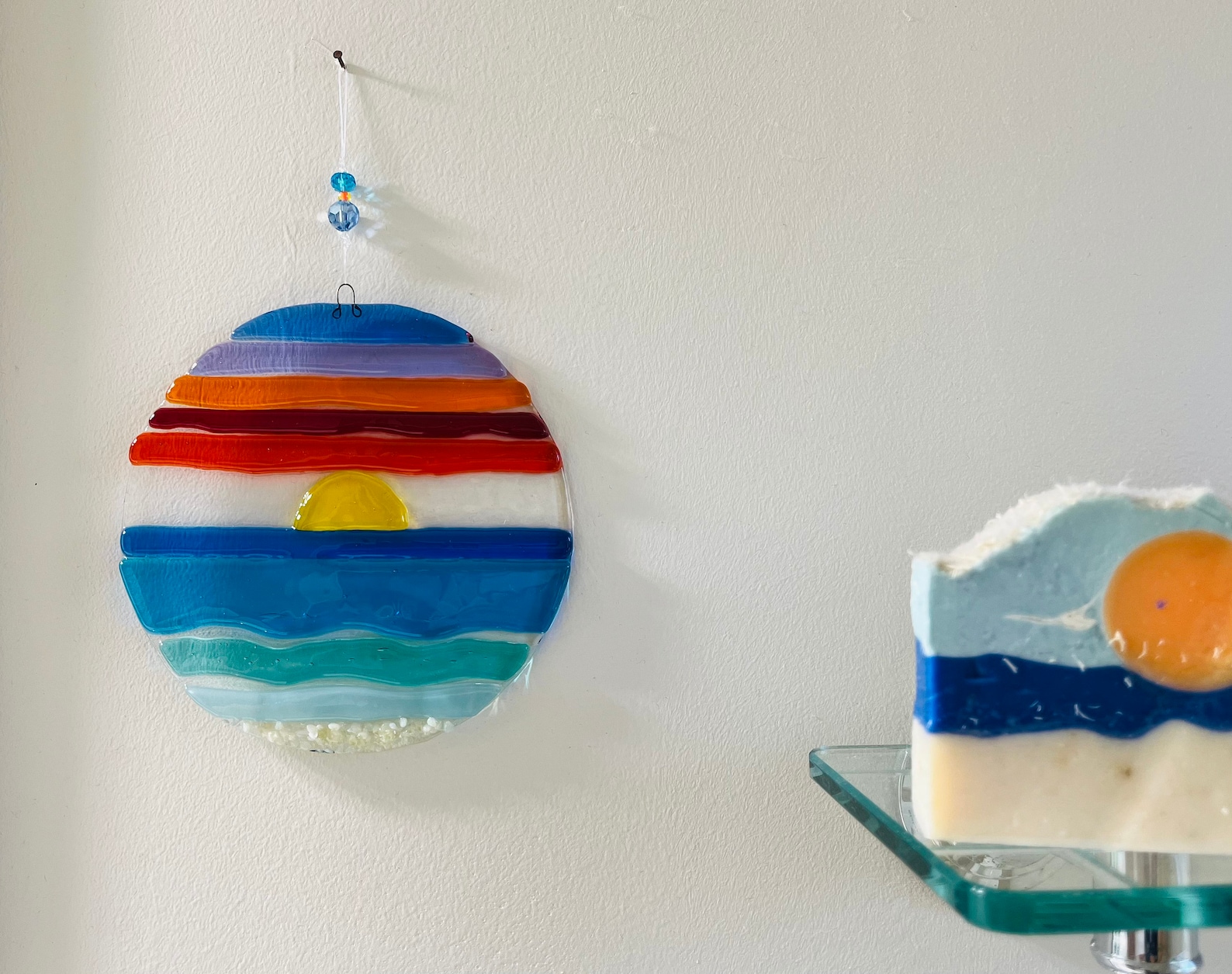 Fused Glass Beach Sunset Suncatcher Round Sunset Glass Wall - Etsy
