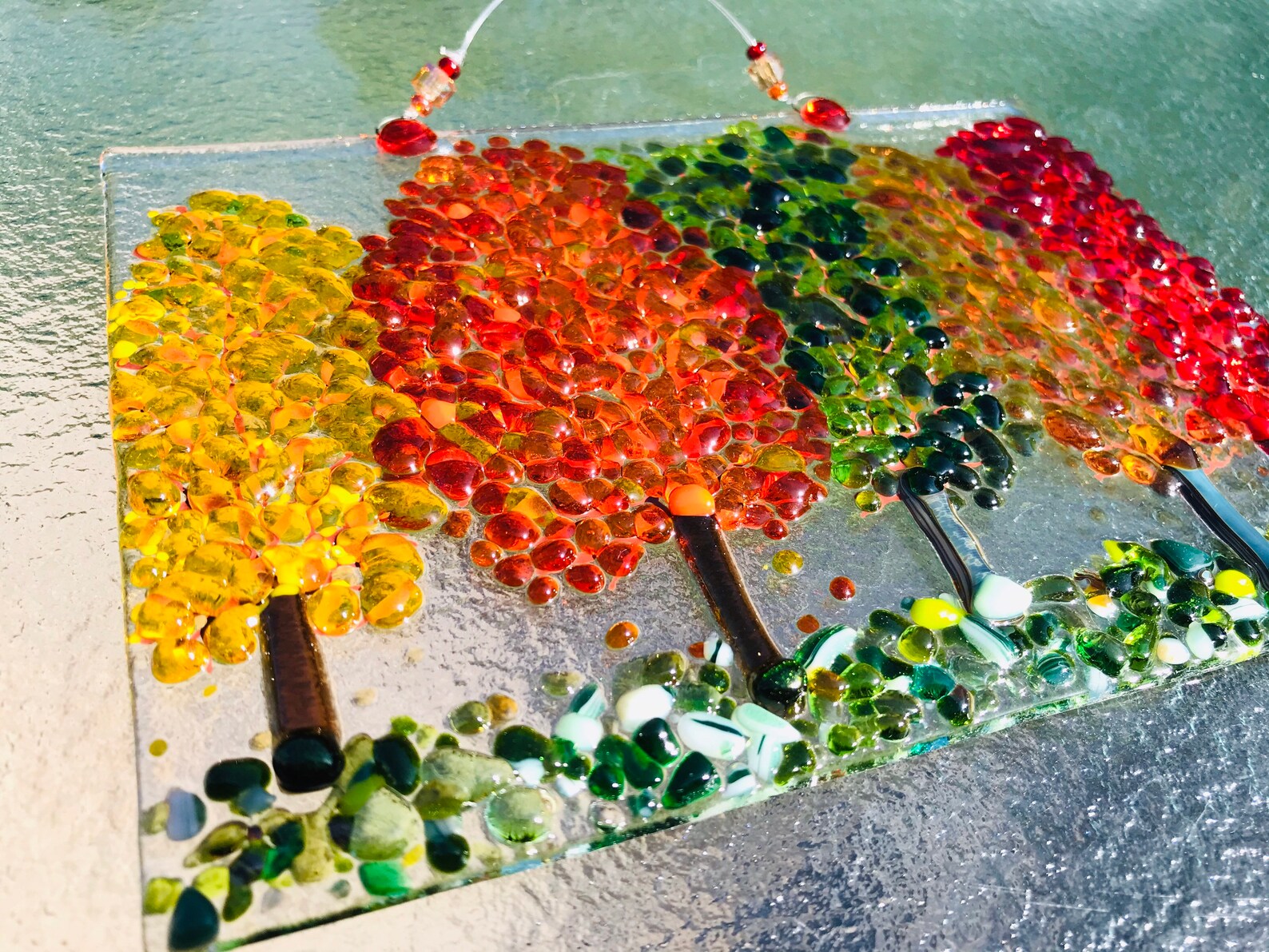 Fused Glass Fall Trees Wall Decor, Autumn Leaves Suncatcher, Thanksgiving Window Decor, Colorful ...