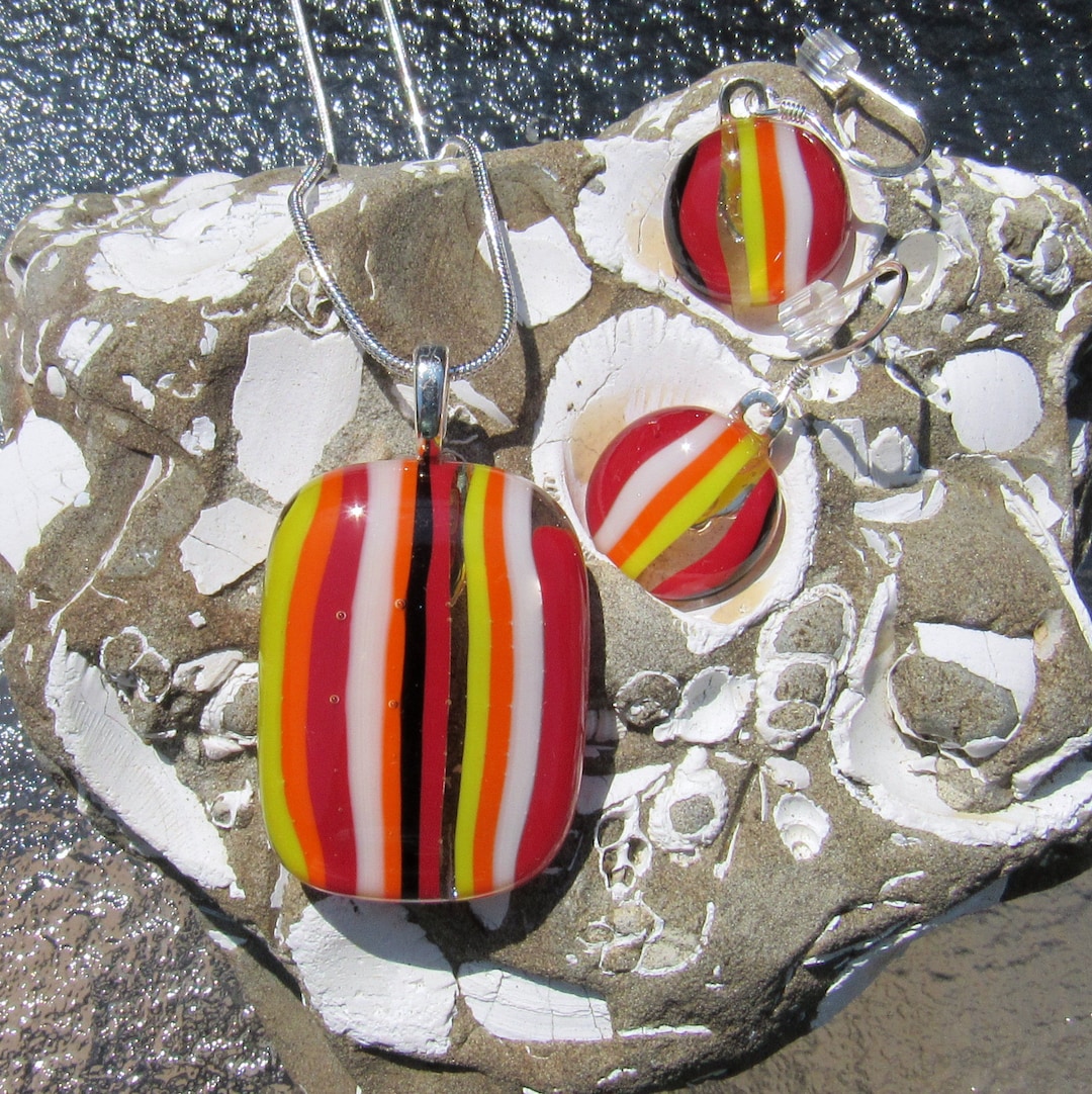 Fused Glass Jewelry Set, Fire Stripe Pendant, Sunset Necklace and ...