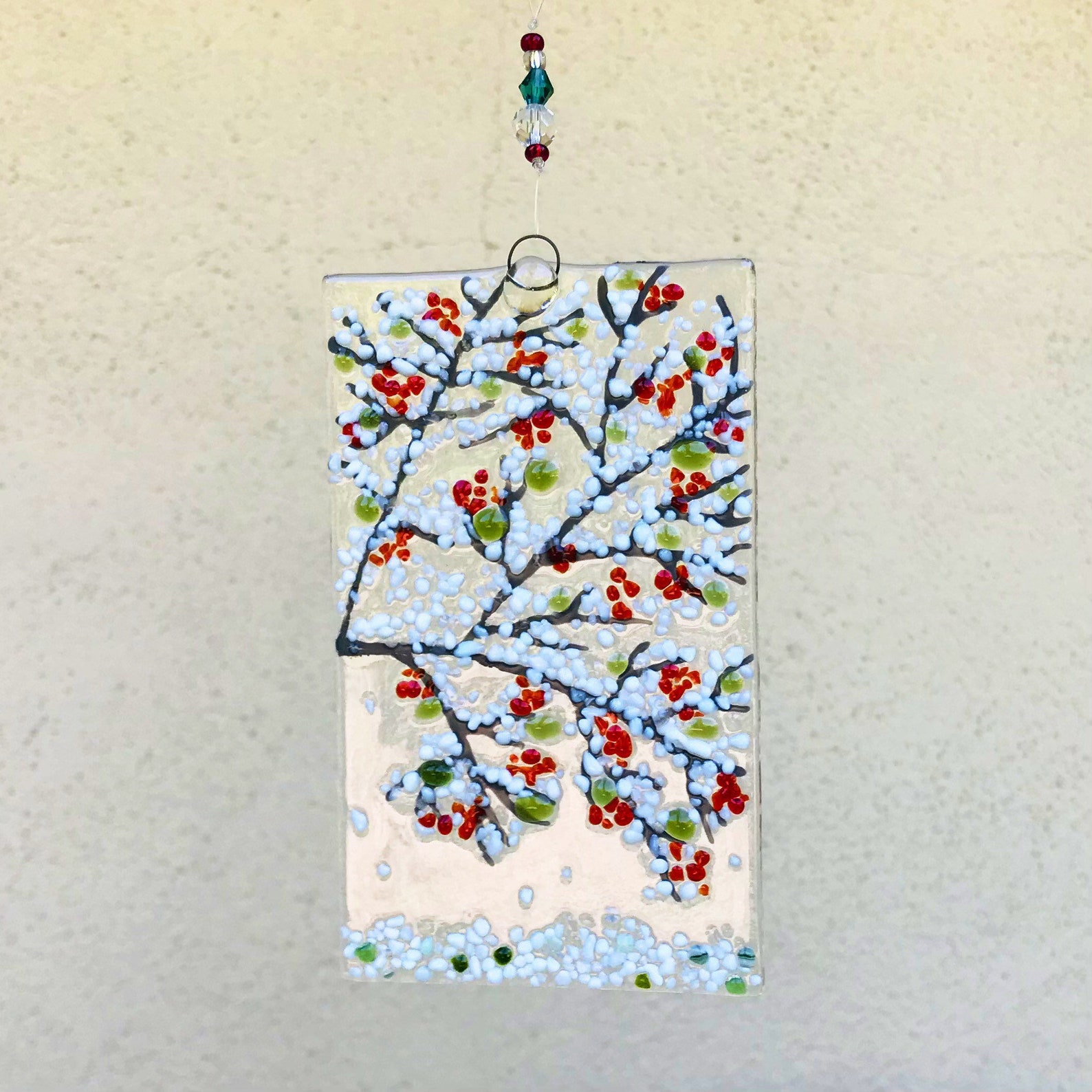 Fused Glass Winter Tree Suncatcher, Red Berry Snow Scene - Etsy