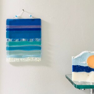 Fused Glass Beach Suncatcher, Sea Glass Wall Art, Blue Ocean Waves ...