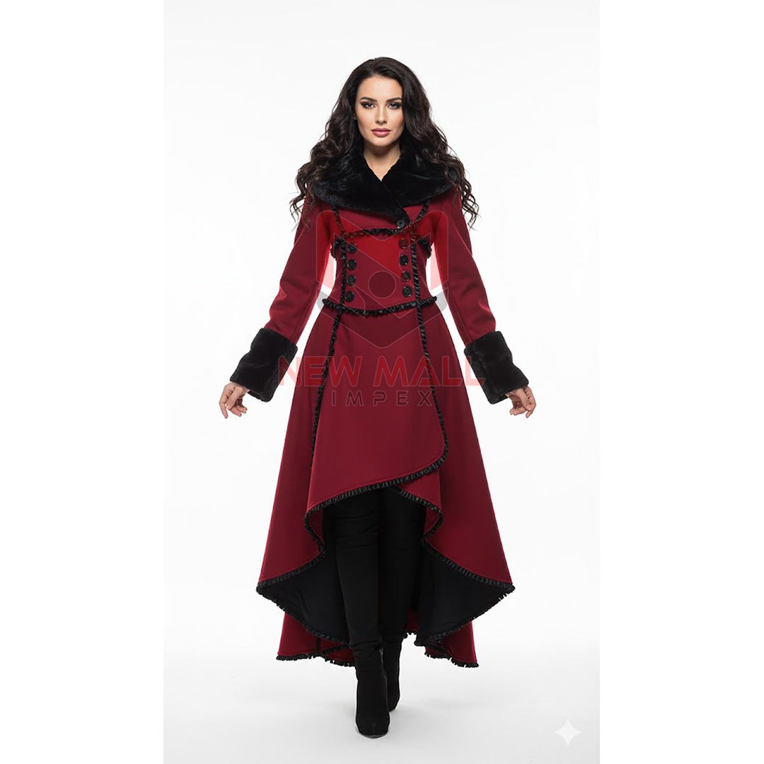 New Mall Women’s Gothic Red Long Coat | Faux Fur Trimmed Victorian ...