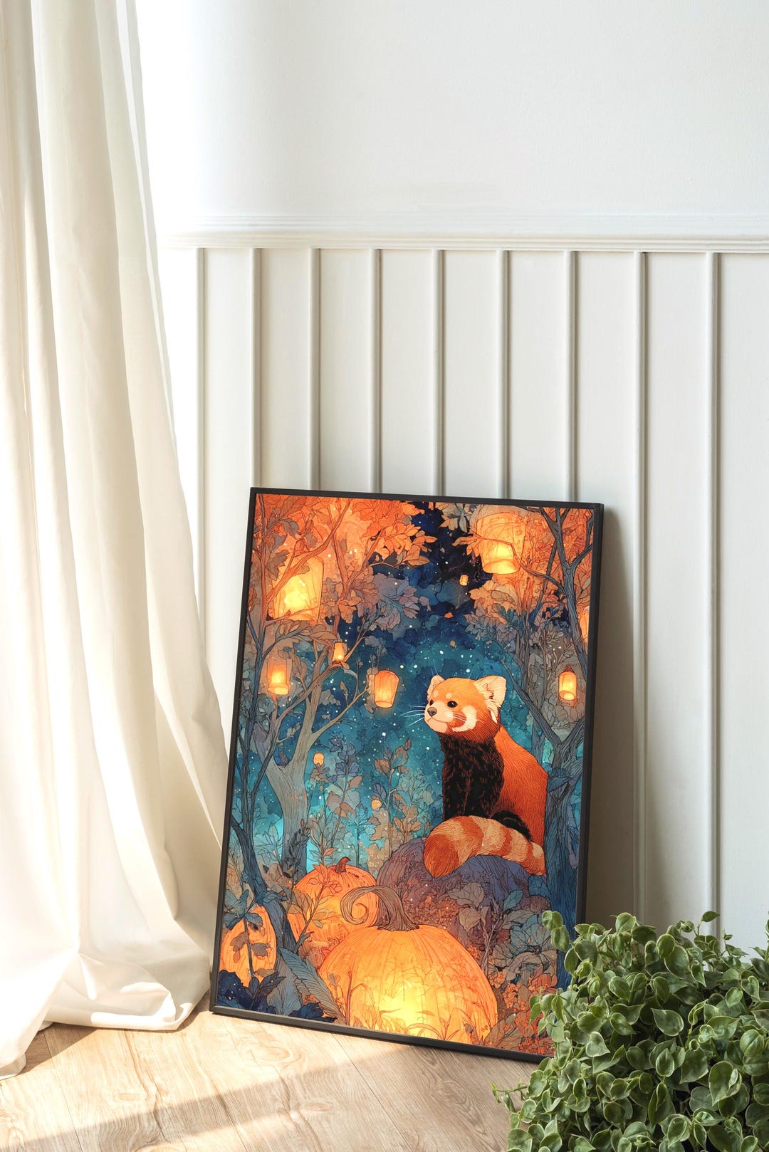 Red Panda Halloween Wall Art – Cute Whimsical Watercolor Pumpkin Forest ...