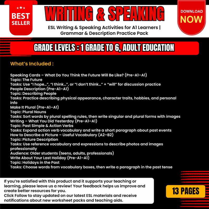 ESL Writing & Speaking Activities for A1 Learners | Grammar Description ...