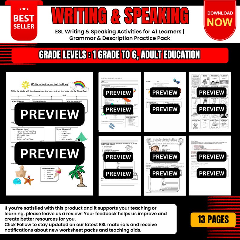 ESL Writing & Speaking Activities for A1 Learners | Grammar Description ...