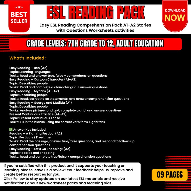 Easy ESL Reading Comprehension Pack A1-A2 Stories With Questions ...