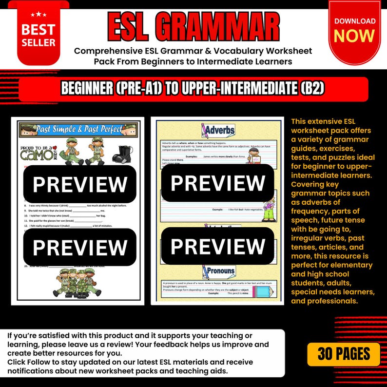 Comprehensive ESL Grammar & Vocabulary Worksheet Pack – From Beginners ...