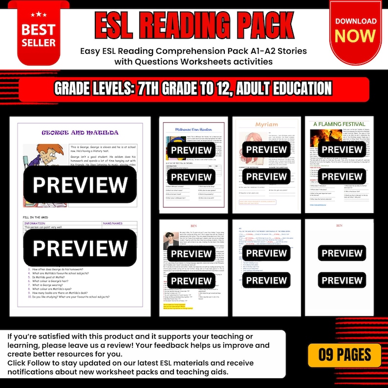 Easy ESL Reading Comprehension Pack A1-A2 Stories With Questions ...